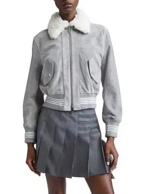 Thom Browne 4-bar Suede Crop Bomber Jacket With Shearling Collar - Medium Grey