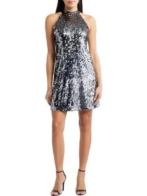 Anne Klein Sequin Shift Mini Dress - Metal Combo