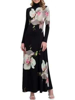 Ted Baker London Floral Print Turtleneck Maxi Dress - Rich Black