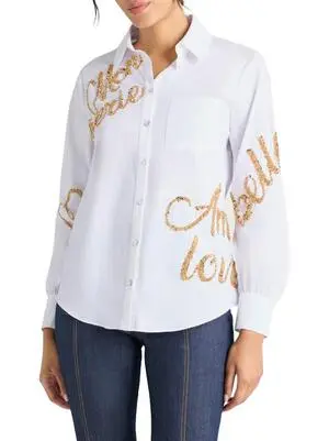 Cinq À Sept Love Letter Sequin Button-up Shirt - White/gold