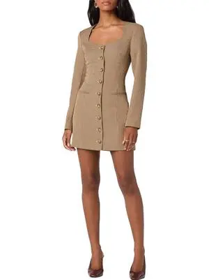 Astr The Label Houndstooth Long Sleeve Button-up Minidress - Tan Houndstooth