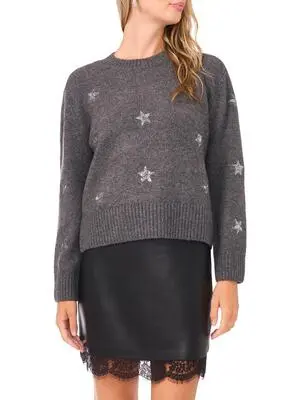 Vince Camuto Sequin Star Crewneck Sweater - Medium Heather Grey