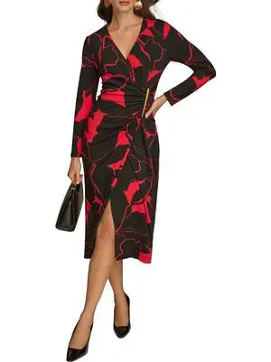 Donna Karan New York Long Sleeve Faux Wrap Jersey Midi Dress - Black/red Multi