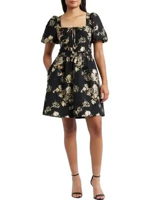 Vince Camuto Metallic Floral Jacquard Dress - Black Gold
