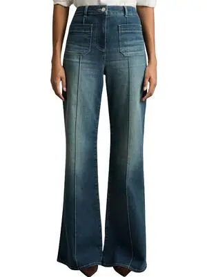 REISS Sakura Pintuck Patch Pocket Wide Leg Jeans - Mid Blue