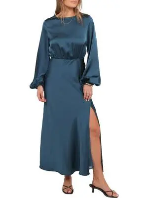 PETAL & PUP Remora Long Sleeve Satin Midi Dress - Teal