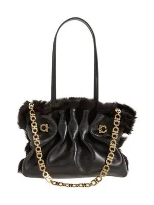 FERRAGAMO Small Gancio Piercing Leather & Shearling Shoulder Bag - Nero