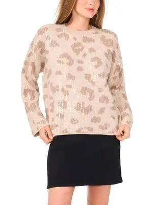 Vince Camuto Leopard Print Sequin Sweater - Oatmeal