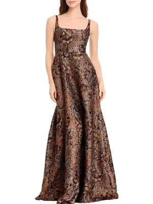 Dress The Population Vienna Metallic Floral Jacquard A-line Gown - Bronze Multi