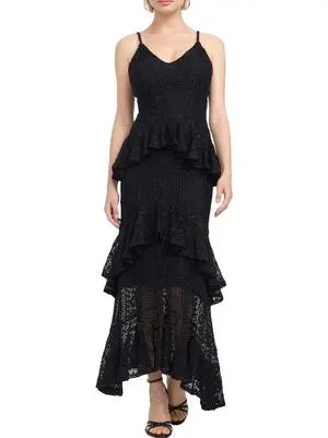 Guess Lace Ruffle Maxi Dress - Black-black