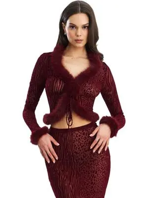 MISS CIRCLE Burnout Velvet Mesh Top With Fur Trim - Burgundy