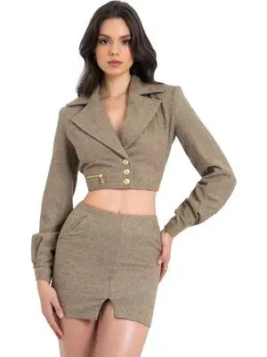 MISS CIRCLE Bailee Vintage Cropped Twill Wool Blend Blazer Jacket - Beige