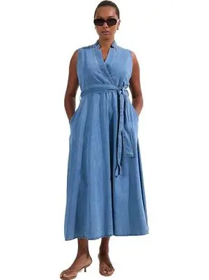 Karen Millen Belted Denim Midi Dress - Mid Blue