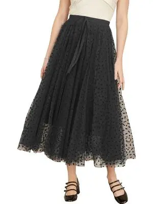 YUMI Mesh Heart Print Tulle Midi Skirt - Black