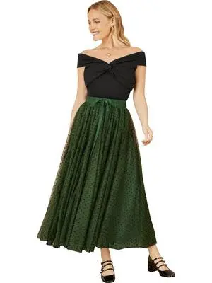 YUMI Mesh Heart Print Tulle Midi Skirt - Green