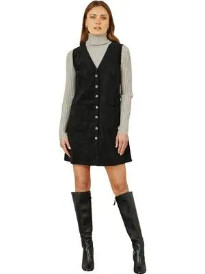 YUMI V-neck Cord Pinafore Dress - Black