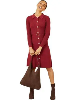 YUMI Belted Rib Knit Midi Shirt Dress With Pockets - Burgundy