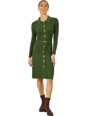 YUMI Belted Rib Knit Midi Shirt Dress With Pockets - Green