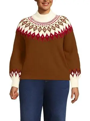LANDS' END Fuzzy Jacquard Turtleneck Sweater - Rich Ginger Brown Fairisle