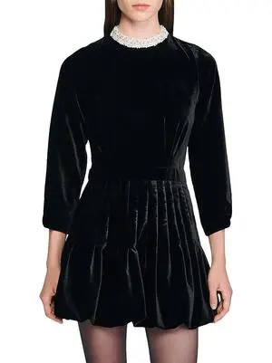 Sandro Beaded Velvet Mini Dress - Black