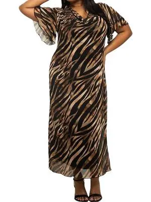 FASHION-SZN CURVE Zebra Print Mesh Midi Dress - Black
