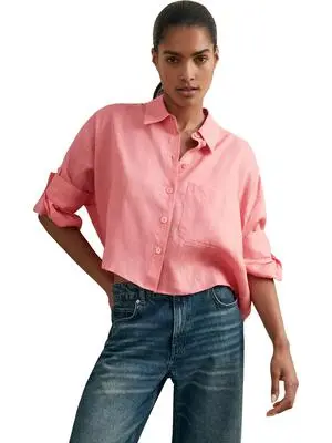 REISS Solena Oversized Linen Cropped Shirt - Pink