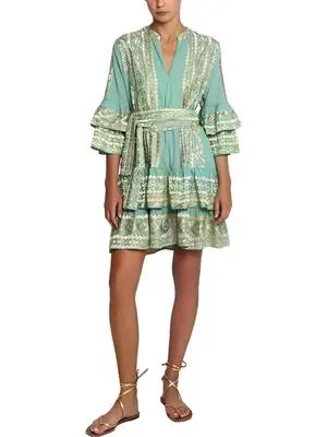 Greek Archaic Kori Ruffled Belted Mini Dress - Green
