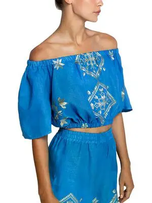 Greek Archaic Kori Embroidered Strapless Blouse - Blue