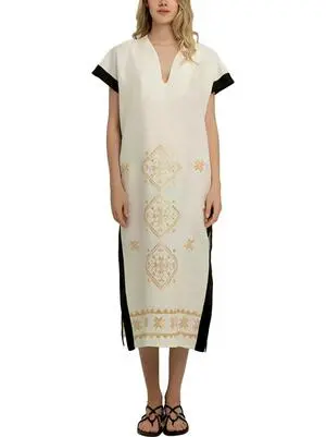 Greek Archaic Kori Geometric Embroidered Midi Dress - Neutrals