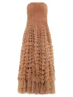 NEEDLE & THREAD Hattie Ruffled Strapless Gown - Brown
