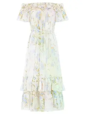 NEEDLE & THREAD Ruffled Floral Midi Dress - White