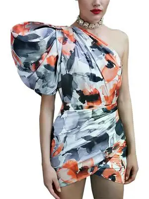 MUSEUM OF FINE CLOTHING Floral One-shoulder Mini Dress - Grey