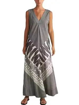 PEARL & CAVIAR Patterned V-neck Maxi Dress - Grey