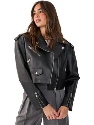 Nasty Gal Faux Leather Boxy Biker Jacket - Black