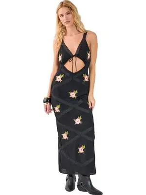 Nasty Gal Embroidered Lace Trim Maxi Dress With Cut Out - Black