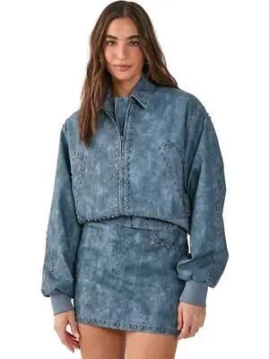 Nasty Gal Leather Studded Cropped Bomber Jacket - Blue