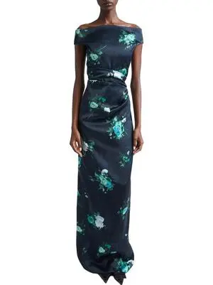 Erdem Floral Print Off-the-shoulder Duchesse Satin Gown - Abstract Rose Navy