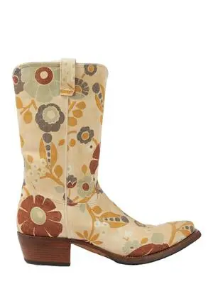 Prada Floral Canvas Cowboy Boots - Beige