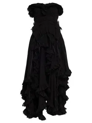 Alexander McQueen Strapless Draped Ruffle Silk Georgette Gown - Black