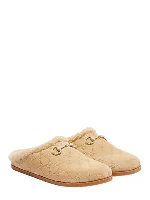 Gucci Horsebit Gg Shearling-trimmed Suede Mules - Beige