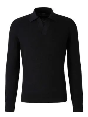 Zegna Polo Collar Cashmere Knit Sweater - Black