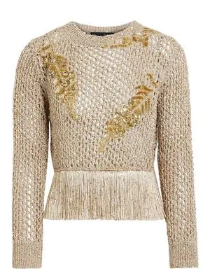 Oscar De La Renta Cropped Fringed Metallic Open-knit Top - Gold
