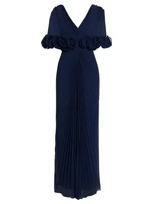 Badgley Mischka Ruffled Pleated Georgette Gown - Navy