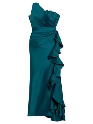 Badgley Mischka Strapless Ruffled Satin-twill Gown - Petrol