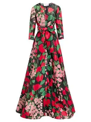 Carolina Herrera Belted Floral-print Silk Gazar Gown - Black
