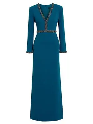 Badgley Mischka Embellished Tulle-trimmed Crepe Gown - Petrol