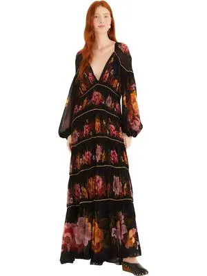 Farm Rio Floral Chenille Long Sleeve Midi Dress - Chenille Flowers Black