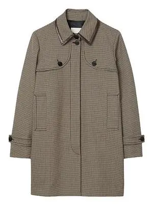 Sandro Houndstooth Stretch-Woven Trench Coat With Leather Trim Brown / Beige