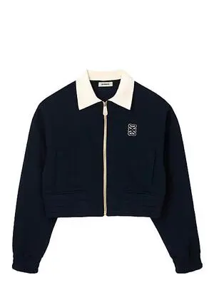 Sandro Cropped Logo-embroidered Cotton-jersey Cardigan - Deep Blu