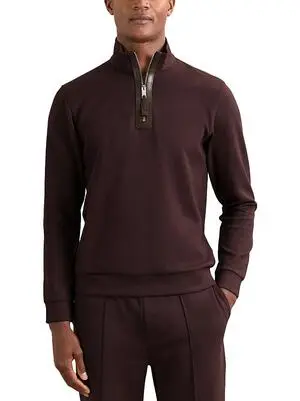 REISS Hale Interlock Half-Zip With Leather Placket Cherry Red
